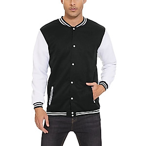 Men's Bomber Jacket Varsity Baseball Jackets Windbreaker Lightweight Slim Fit Button Down Letterman Jacket Black