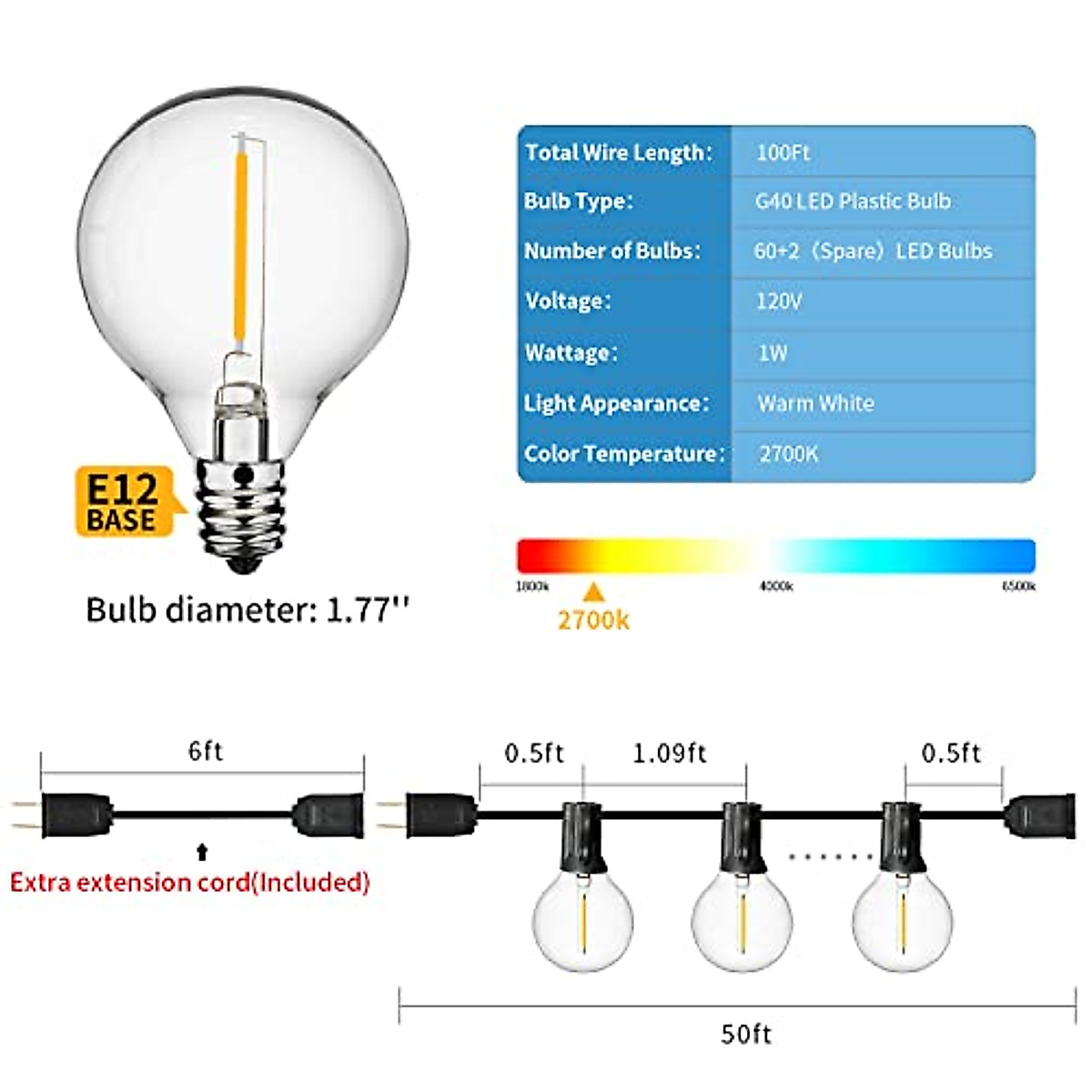 Solibting Outdoor String Lights, 100FT Patio Lights with 64 G40 Shatterproof LED Bulbs Waterproof Globe String Lights 1W 2700K Hanging Lights for Backyard Porch Cafe Party Wedding Garden