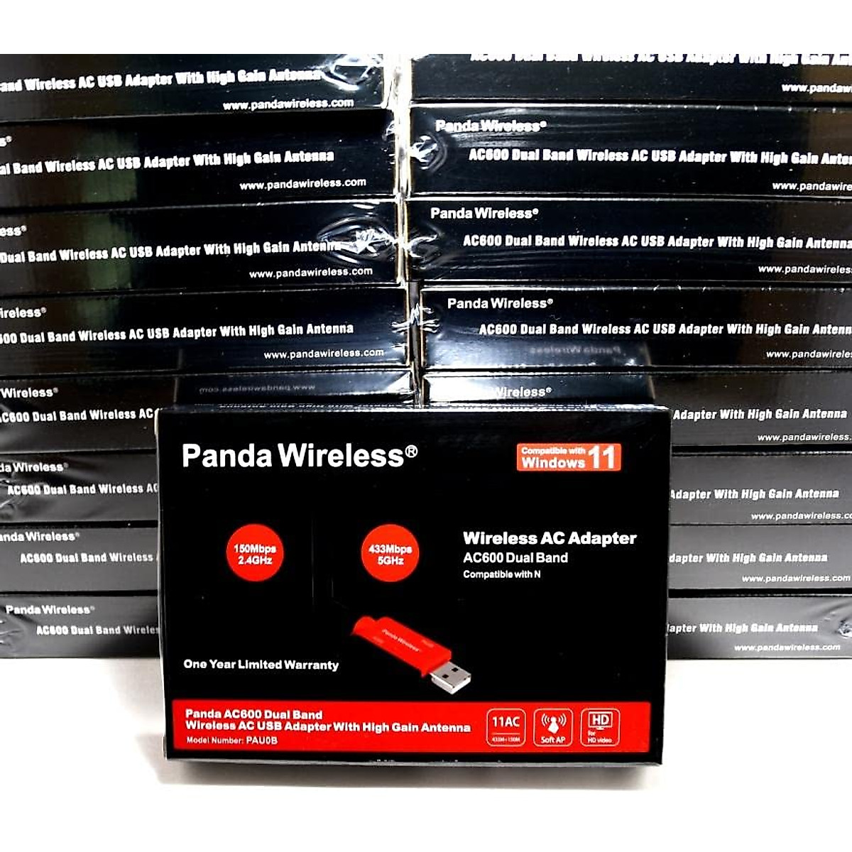 Panda Wireless® PAU0B AC600 Dual Band (2.4GHz and 5GHz) Wireless N USB Adapter W/High Gain Antenna - Windows 7/8/8.1/10/11, Zorin, Mint, Ubuntu, openSUSE, Fedora, Kali Linux and Raspbian