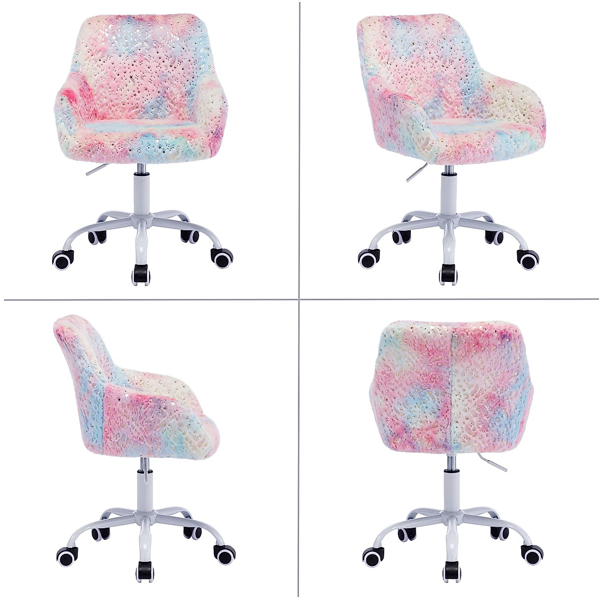 HEAH-YO Swivel Kids Chair with Wheels, Adjustable Kids Desk Chair with Armrest and Back, Cute Faux Fur Kids Study Chairs for Boys and Girls, Light Multi-Colour