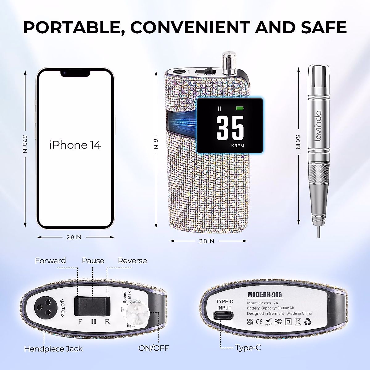 Lavinda Professional Nail Drill 35000RPM, Rechargeable Electric Nail File for Acrylic Nails Remove Gel Polish, Cordless E-File Machine 6 Bits Kit for Manicure Pedicure Salon Use, Crystal Diamond