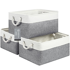 VQRTEXA Storage Baskets, 3-Pack 15.7x11.8x8.2 inch Fabric Storage Bins, Versatile Storage Baskets for Shelves with Handles (White&Grey, 15.7X11.8X8.26)