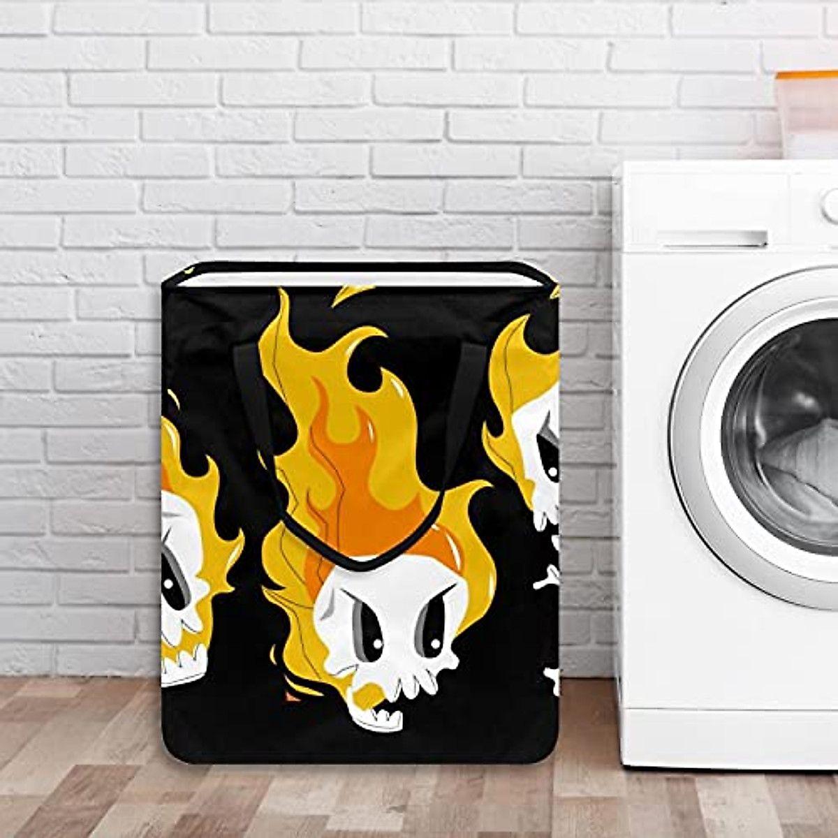 Funny Flaming Skull Laundry Basket Large Cloth Organizer Bag Basket Foldable Laundry Hamper with Handles