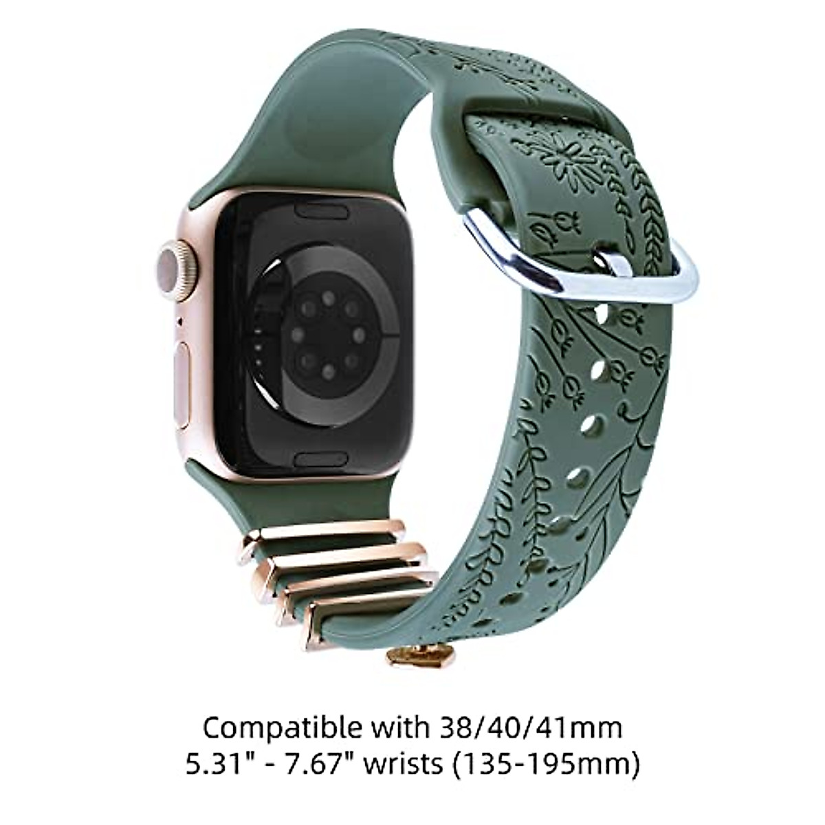 Watch Band Charms (Band Included), Compatible with Apple Watch Band 38mm 40mm 41mm, ORATYFAN Floral Engraved Silicone Bands & Metal Decorative Ring Loops Accessories for iWatch Series se 8 7 6 5 4 3 2 1