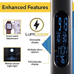 LumiCharge LED 6 in 1 Desk Lamp and Phone Charging Dock - Qi Wireless Charging pad 10W, Touch Control, Motion Light, Clock w/LED Display | Compatible with All Phone Models and Apple Smart Watches
