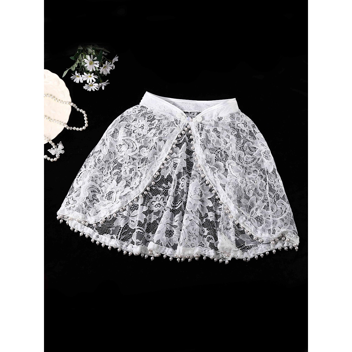 Campsis Pearl Wedding Appliques Shawls Lace Bridal Fringe Wraps Bridal Stoles Wraps for Women (White)