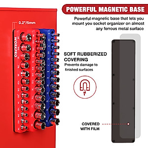 WORKPRO 1/4-inch Magnetic Socket Organizer Set, 2-Piece SAE & Metric Socket Holders, Holds 52 Standard and Deep Sockets for Tool Box, Tool Carts (Sockets Not Included)