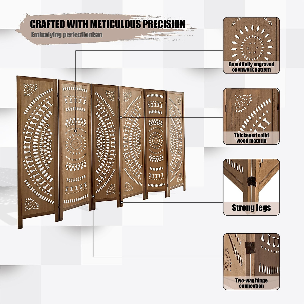 ALeesing 6 Panel Wood Room Divider Fully Assembled, Carved Boho Room Dividers and Folding Screens, 5.6Ft Room Divider Screen Freestanding Partition Wall Dividers for Home Bedroom Office, Brown