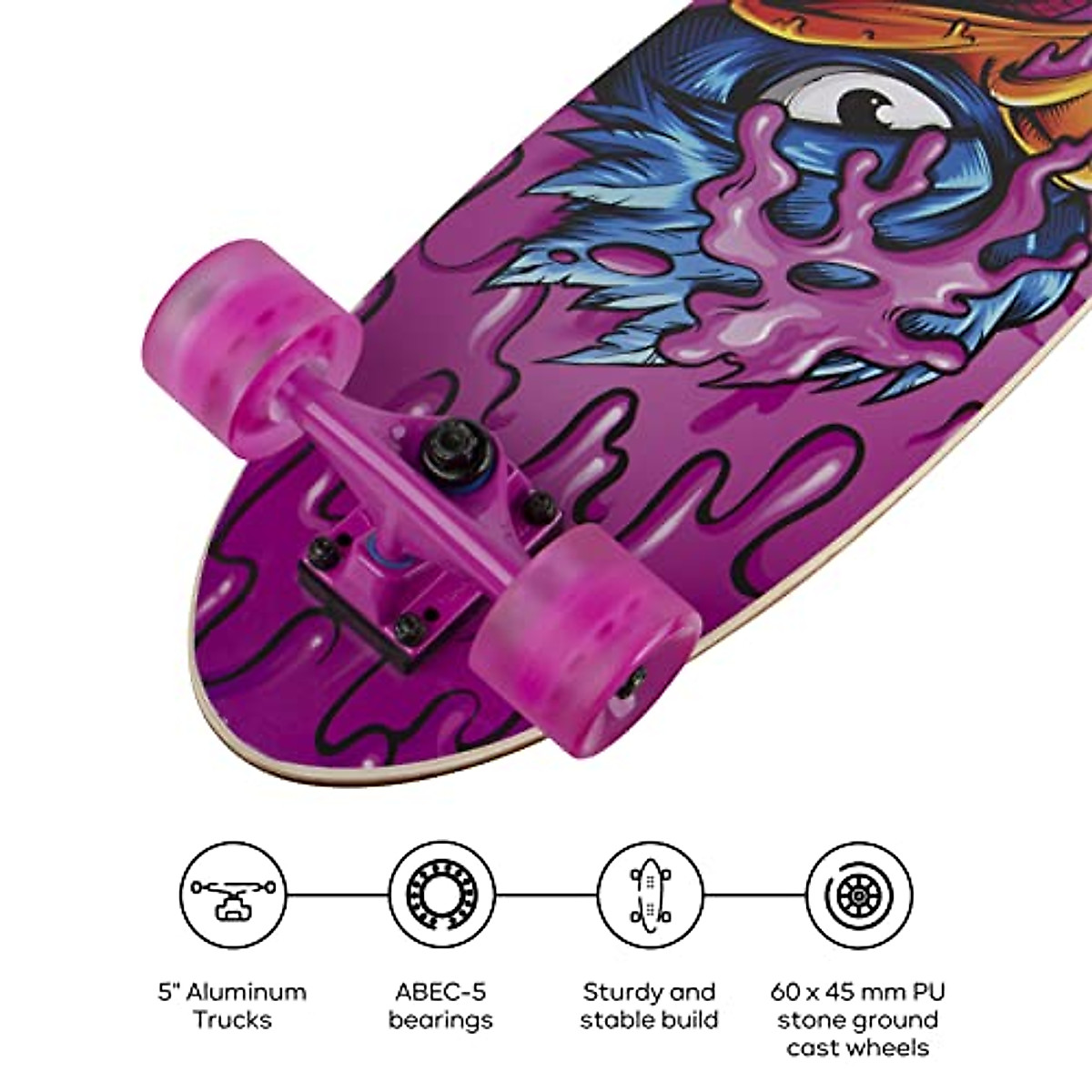 Tony Hawk 31" Complete Cruiser Skateboard, 9-ply Maple Deck Skateboard for Cruising, Carving, Tricks and Downhill, Pink Hawk