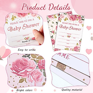 Marspark Set of 25 Pink Floral Baby Shower Invitations, Diaper Raffle Tickets and Baby Shower Invitation Cards with Envelope, Baby Shower Party Supplies for Sweet Girl