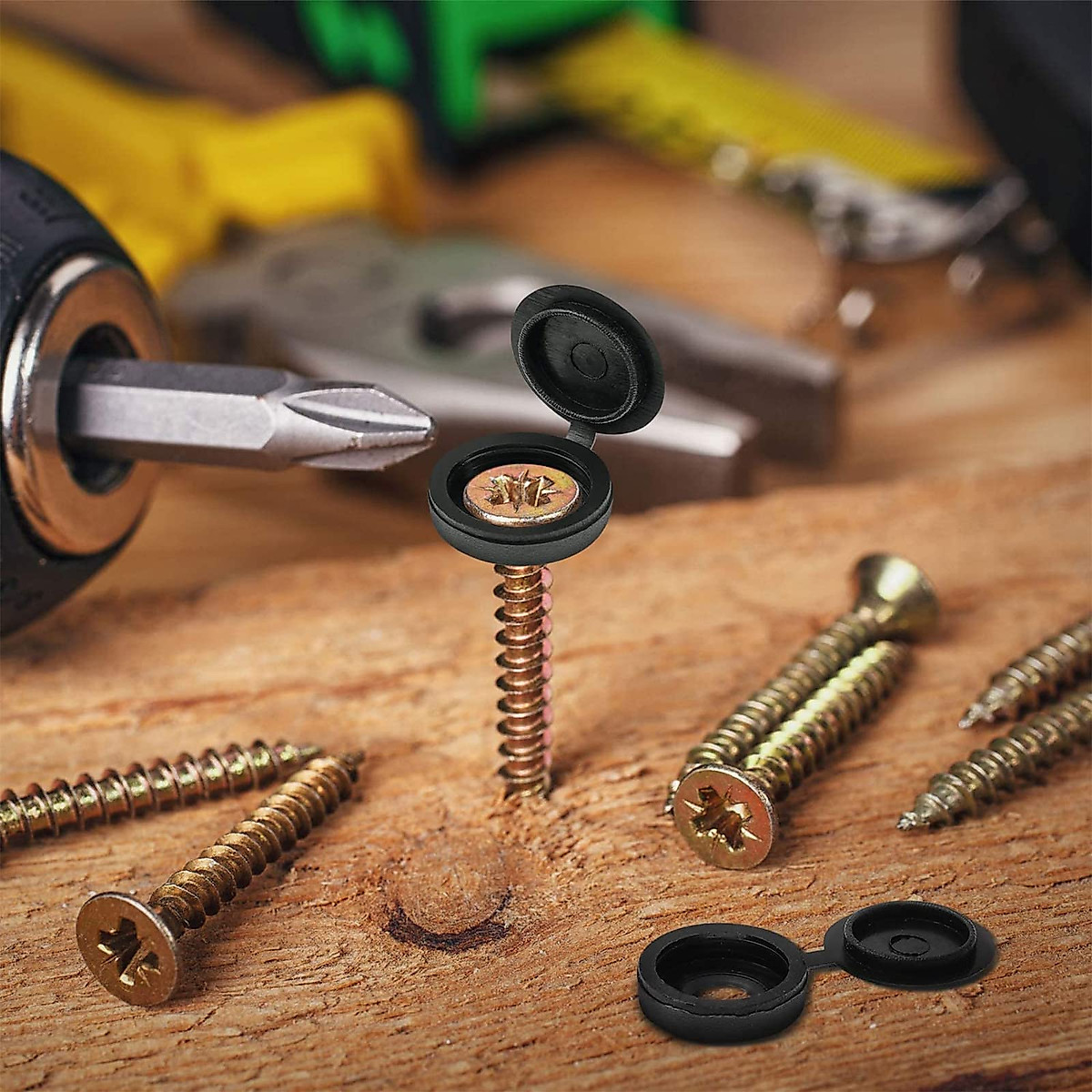 Hotop 100 Pieces Hinged Screw Cover Caps Plastic Shutter Screw Caps Fold Screw Snap Covers Washer Flip Tops (Black,Small)