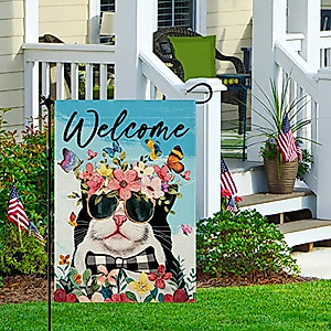 CMEGKE Spring Summer Cat Garden Flag, Spring Summer Welcome Cat Flags, Spring Summer Flags Summer Spring Rustic Vertical Double Sided Burlap Cat Floral Home Holiday Party Farmhouse Yard Lawn Outside Decorations 12.5 x 18 In