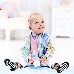 Tphon 12 Pairs Toddler Non Skid Socks with Grips Anti Slip Bottom, Cotton Non Slip Ankle Crew Socks for Boys, Girls, Kids(3-5Years)