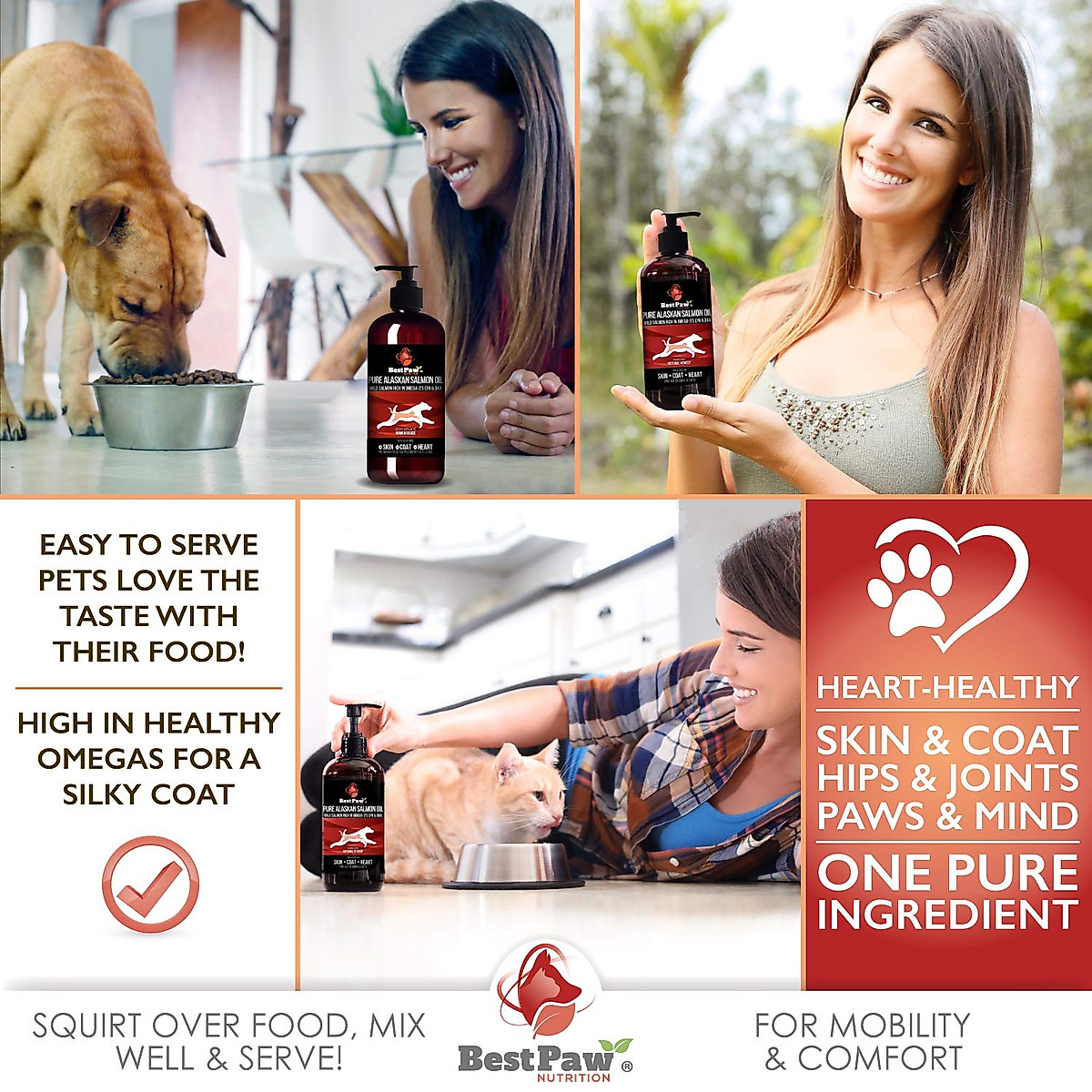 Pure Wild Alaskan Salmon Oil for Dogs & Cats Skin and Coat - Fish Oil Liquid with Pump - Supports Joint Function, Immune & Heart Health - Omega 3 Liquid Food Supplement - All Natural EPA + DHA - 16oz