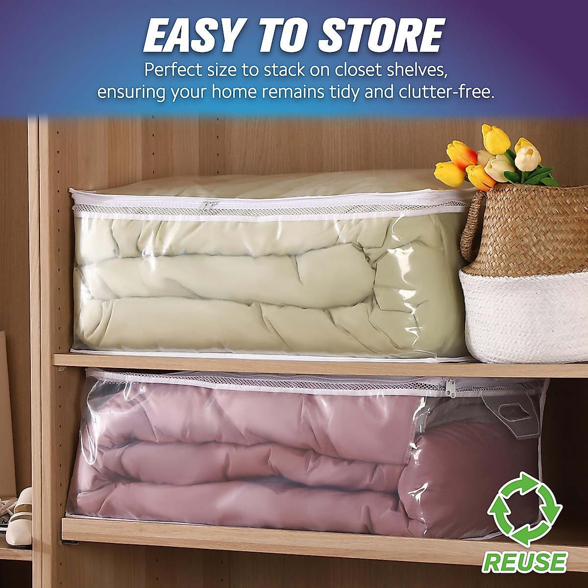 HIBAG 20 Gallon Large Storage Bag for Clothes, Zipper Clothing Storage Bag, Clear Organizer with Reinforced Handles, for Comforters Blankets Pillows Bedding (2 Pack)