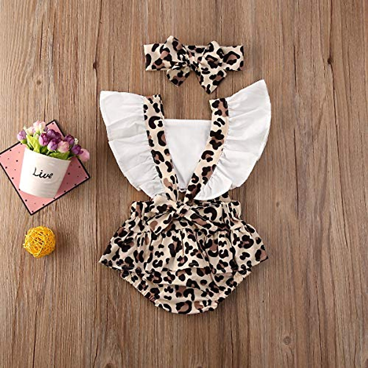 2Pcs Newborn Baby Girl Leopard Ruffles Sleeve Bodysuits Jumpsuit Headband Clothes Romper Set (A-Leopard, 0-6 Months)