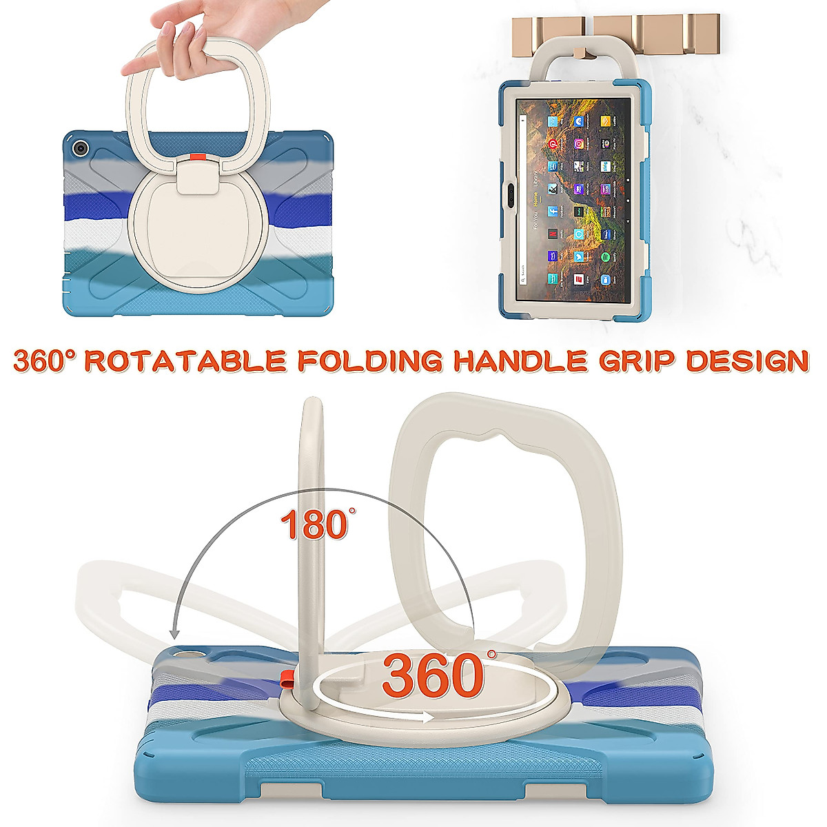 360 ° Rotation Portable Case for Fire HD 10 & HD 10 Plus Tablet（11th Generation, 2021 Release Rugged Case Rotating Stand Hand Strap Shoulder Carrying Strap Outdoor Cover (Colourful Blue)