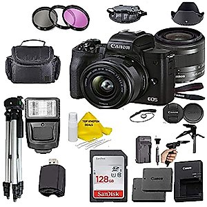 Canon EOS M50 Mark II Mirrorless Digital Camera 24.1MP Sensor with EF-M 15-45mm is STM Lens + 128GB Memory Card + Camera Case+ TopKnotch Accessories Kit (International Model) (Renewed)