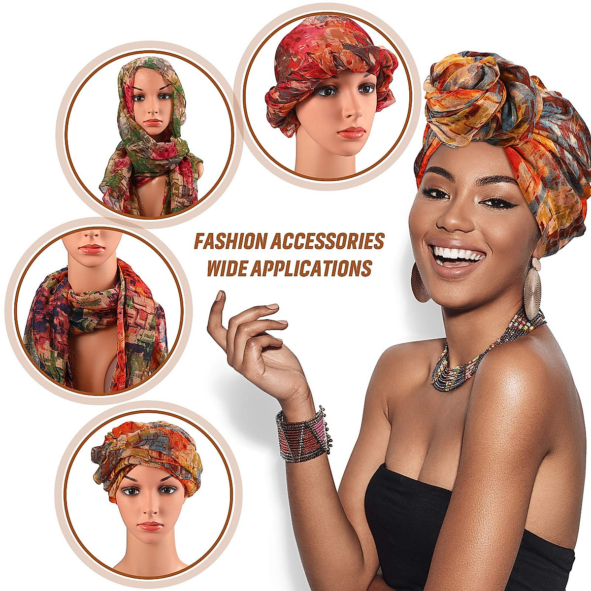 6 Pcs Women Turbans, African Pattern Head Wraps Scarves for Women, Headwear Turbans Long Hair Scarf Head wraps Tie Dye Hair Wrap Hair Bonnet for Sleeping Multicolored