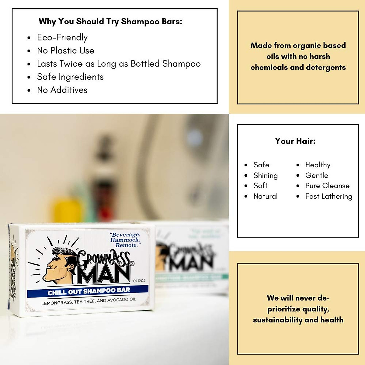 Grown Ass Man Co. - Solid Shampoo Bar Rich Lather 3 in 1: Hair, Beard & Body Wash - Plastic Free & Eco-Friendly, Natural & Organic Clean for All Hair Types, 4oz Bar (Chill Out, Single)