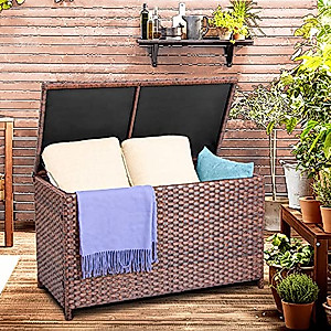 DIMAR GARDEN Outdoor Storage Deck Boxes with Waterproof Cover 70 Gallon,Patio Wicker Storage Box,Brown