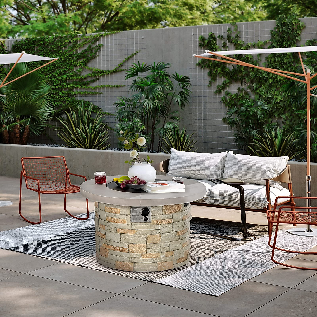 Giantex Propane Gas Fire Pit Table - 2-in-1 Outdoor 36” Round Fire Table W/Volcanic Rock & PVC Cover, Stainless Steel Burner, 50,000 BTU Heat Output, Faux Stone Surface Outside Fireplace for Patio