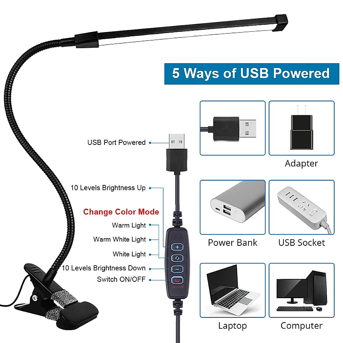 Qooltek Flexible Clip Desk Lamp Reading Light with 3 Color & 10 Brightness, Auto-Off & Memory Function, Clip on Light for Piano, Reading, Working, Relaxing Black