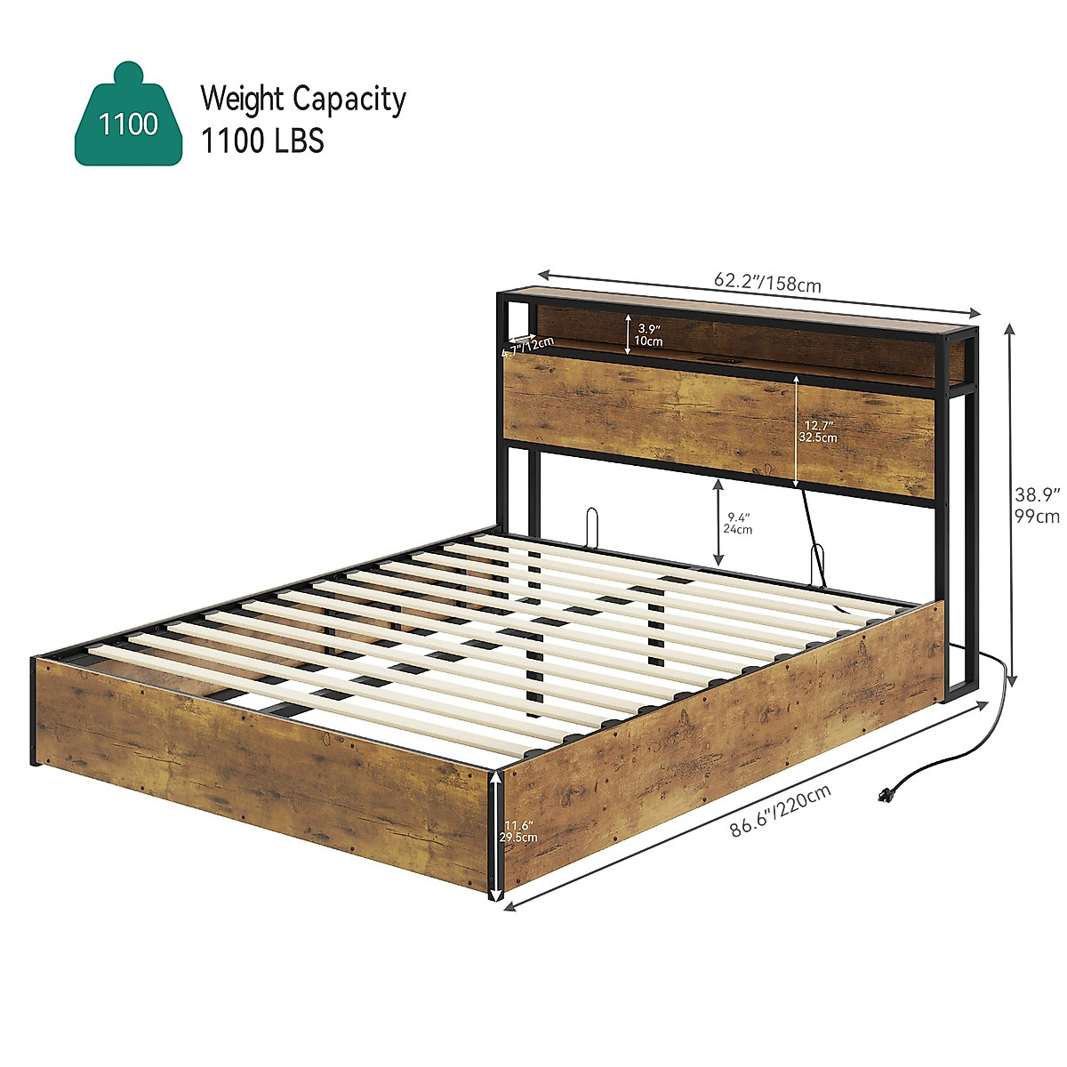 DWVO Queen Size Lift-Up Storage Bed Frame, LED Lighted Bed Frame with Storage Shelf, Platform Bed with Charging Station, Sturdy Wooden Slats, No Box Spring Needed (Brown)
