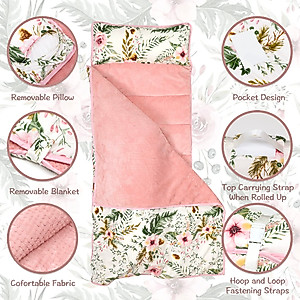 Dad-Baby Toddler Nap Mat with Removable Blanket and Pillow, Extra Large Rolled Napping Mats,Toddler Sleeping Bag,Kids Sleeping Bag for Daycare,Nap Mats for Preschool(Flower Pattern)