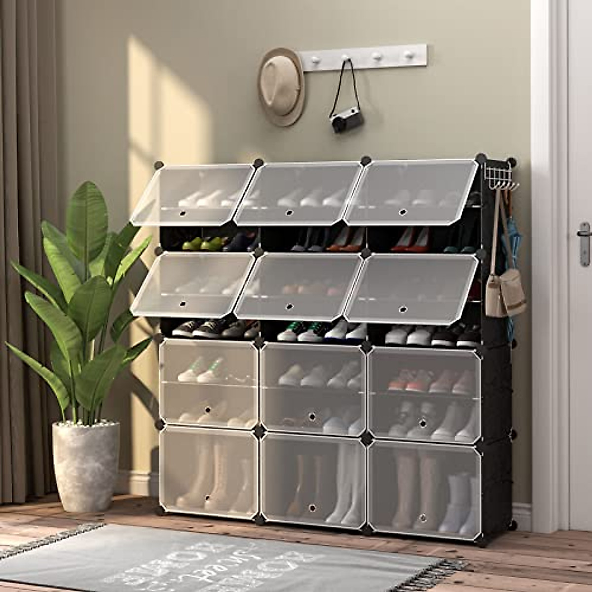 Safstar 48 Pairs 12 Cube Shoe Rack Organizer, Freestanding Shoe Storage Cabinets with Side Hanging Hook, Expandable Cube for Heels & Boots, Space Saver Shoe Racks for Closet Entryway Bedroom Hallway
