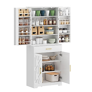 Hzuaneri 72" Kitchen Pantry Storage Cabinet, Tall Pantry Cabinet with Barn Doors & 7 Adjustable Shelves, Drawer, Freestanding Buffet Cupboards Sideboard for Kitchen, Dining Room, White PT02403X