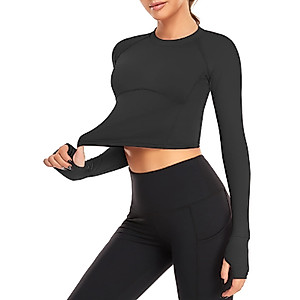 LURANEE Crop Tops for Women,Workout Training Top Raglan Long Sleeve Crew Neck Seamless Moisture Wicking Tight Fitting Yoga Shirts Summer Fitness Apparel Black XS