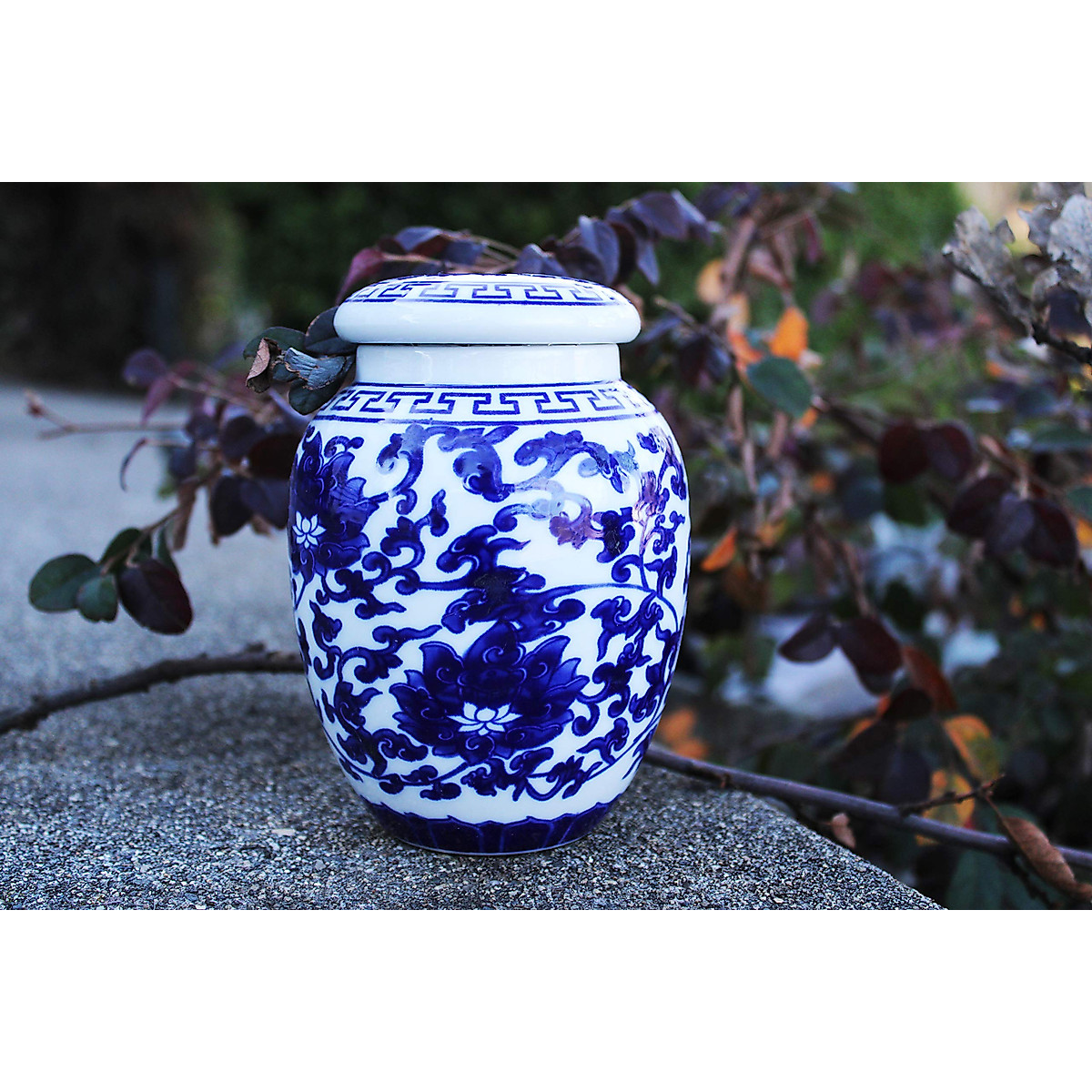 Decorative Blue and White Lotus Pattern Porcelain Storage Container or Display Unit. Small