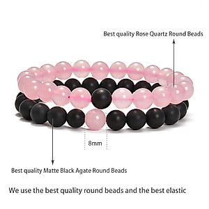AD Beads 2Pcs His & Hers Distance Beads Bracelets Elastic Natural Stone Yoga Bracelet (Matt Black Agate+Rose Quartz)