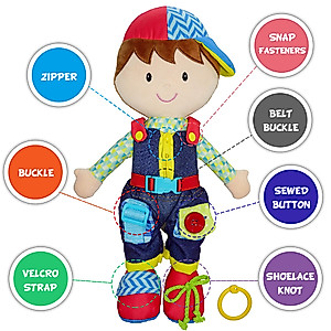 June Garden 15.5" Dressy Friends Lucas - Educational Stuffed Plush Doll for Kids and Toddlers 2 Years and Up - Montessori Buckle Soft Toy
