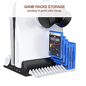 JOYTORN PS-5 Vertical Stand with Cooling Fan and Dual Controller Charger Station for Playstation 5 Console, PS-5 Charging Dock Station with Headset Hooker,14 Game Rack Storage, Media Remote Organizer