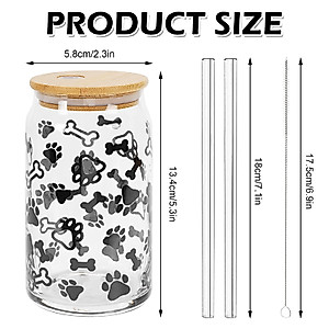Whaline Dog Paw Ice Coffee Cup 16oz Black White Pet Paw Bone Glasses Cup with Bamboo Lids Glass Straw Cleaning Brushes Cute Drinking Glasses for Cocktails Whiskey Beer Soda Gifts, 2Pcs