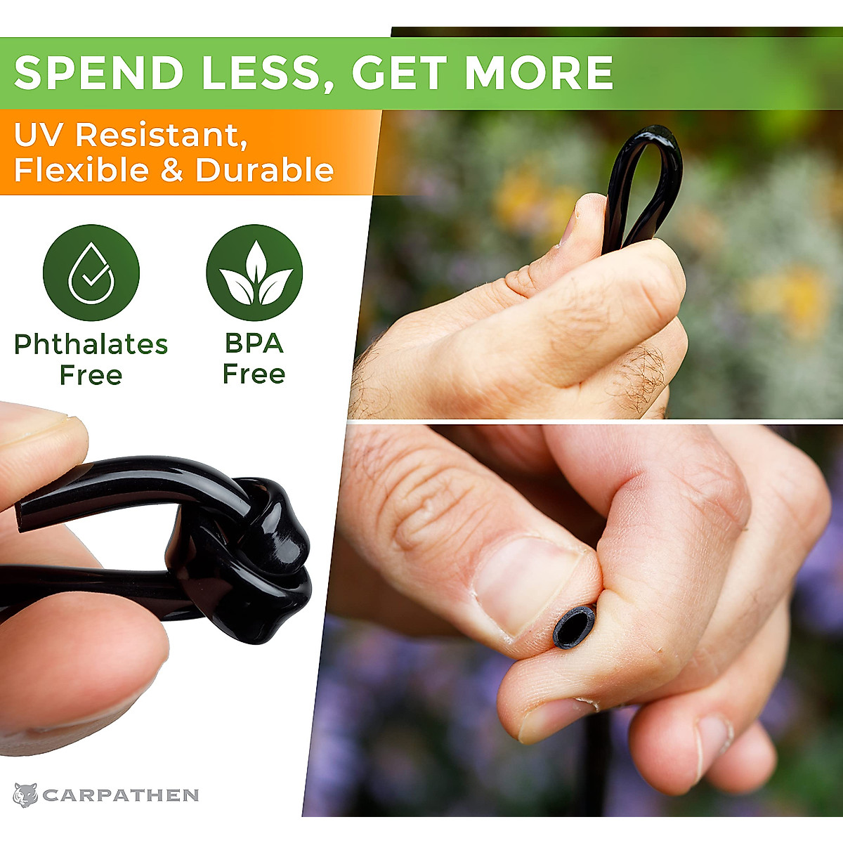 CARPATHEN Drip Irrigation Emitters Vortex - 100 pcs Drip Sprinkler Head for 1/4 inch Drip Irrigation Tubing + 1/4 Drip Irrigation Tubing - 100 ft Black Drip Irrigation Hose