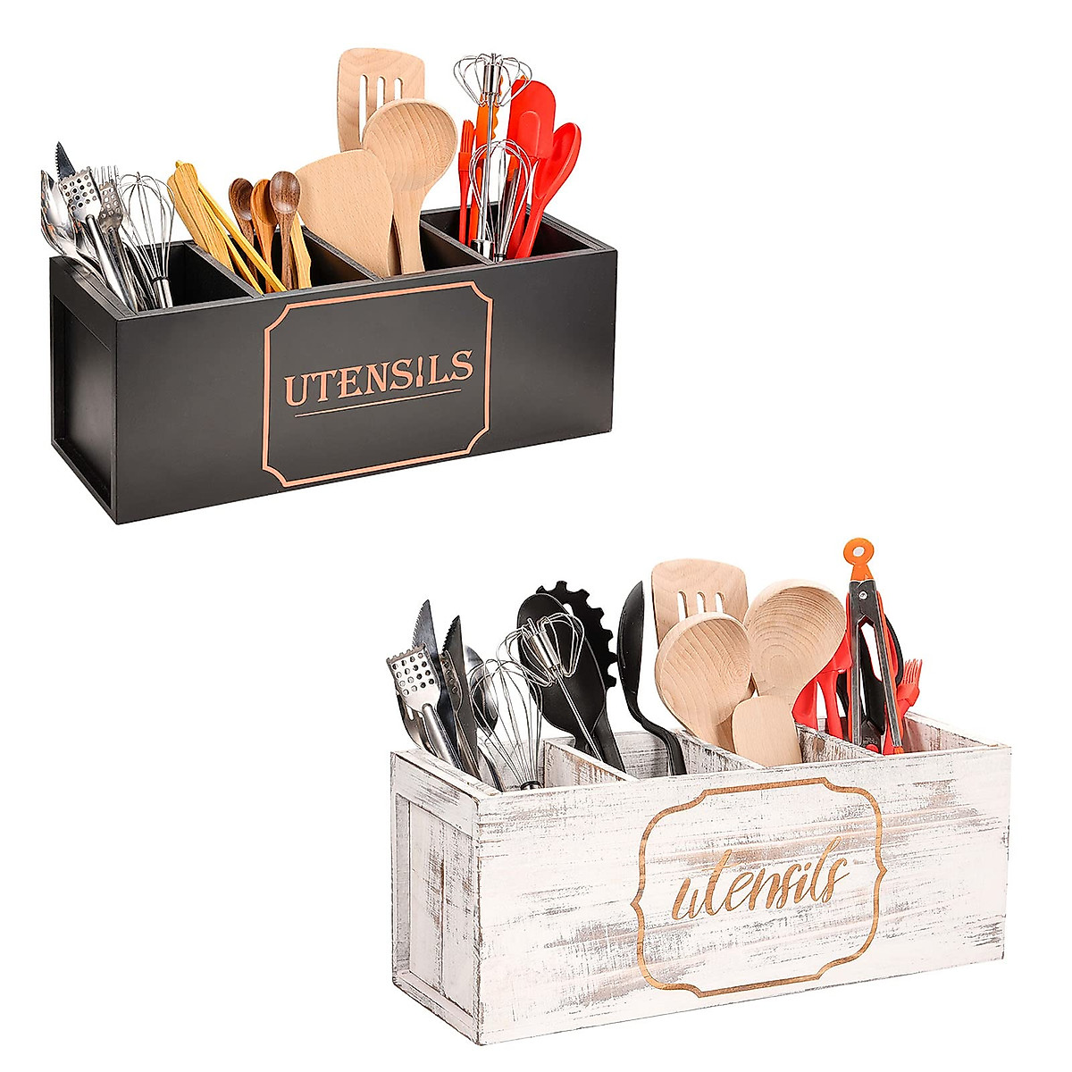Yumkfoi 2 Pack Extra Large Utensil Holder with 4 Compartments, Wooden Farmhouse Utensil Organizer for Kitchen Counter Rustic Cooking Utensil Crock Countertop Utensil Caddy Spatula Holder (White&Black)