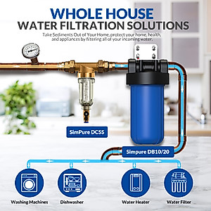 SimPure DC5S 40 Micron Spin Down Sediment Filter, Reusable Whole House Sediment Water Filter Softener with Siliphos Helps Prevent Scale and Corrosion, 1" MNPT + 3/4" FNPT + 3/4"MNPT, BPA Free