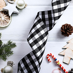 4 Inch x 50 Yards Christmas Plaid Buffalo Ribbon, Check Wired Edge Ribbon Plaid Ribbon Gingham Check Wired Ribbon Buffalo Plaid Ribbon for Christmas Tree Wreath Bows Decor (Black White Plaid)