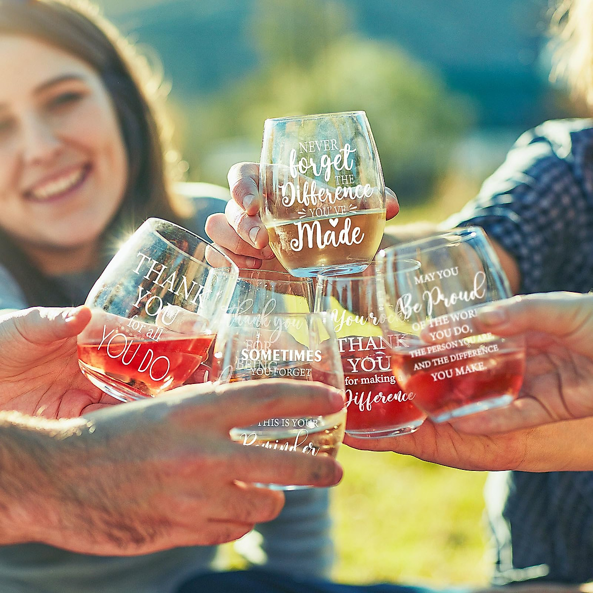 Mumufy 6 Pieces Thank You Stemless Wine Glass Gifts for Women, Inspirational 17oz Cups for Her Coworker Friends Teacher, Christmas Appreciation Birthday Thanksgiving Day Gifts Cups, 6 Styles