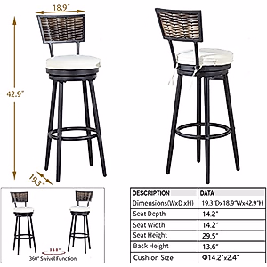 PatioFestival Patio Swivel Bar Stools Outdoor Bar Height Chairs Armless Rattan Back All-Weather Patio Furniture with Cushion,2 Pack