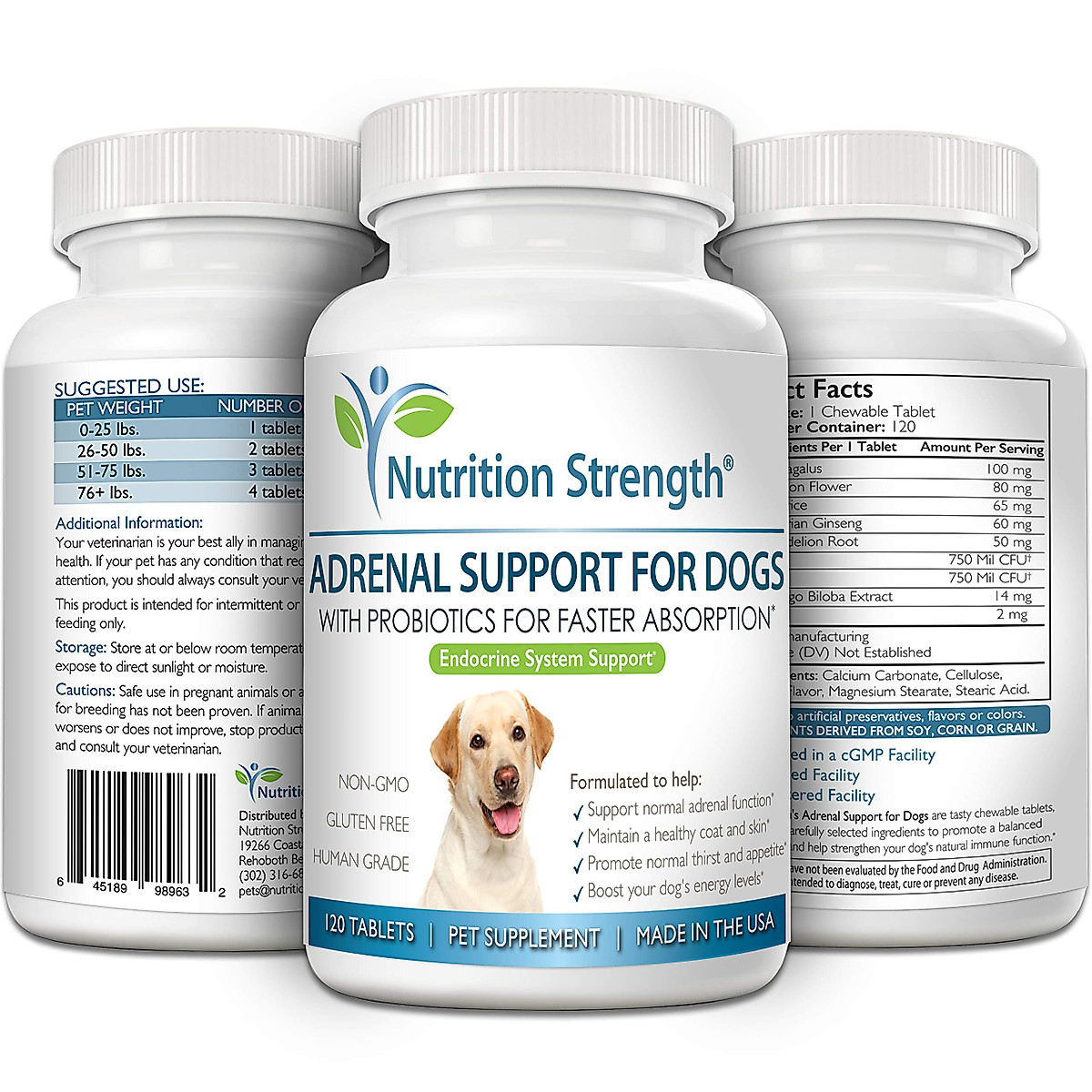 Nutrition Strength Adrenal Support for Dogs, Support for Dogs with Cushing's Disease, Maintain a Healthy Coat and Skin, Promote Normal Urination, Thirst and Appetite, 120 Chewable Tablets
