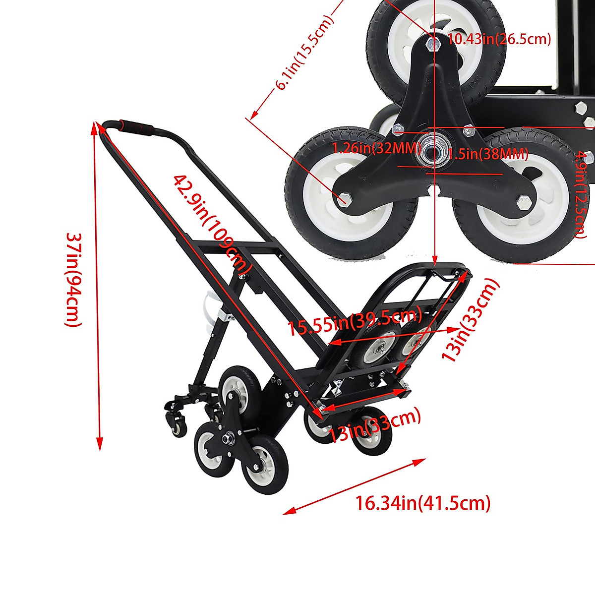 INTBUYING Stair Climber Hand Trucks Portable Folding,Rubber Mute Wheel,Adjustable Handle Length.420 LBS Capacity Handcart Luggage Cart with 6 Wheels and 2 Backup Wheels (Black)-with 2 Casters