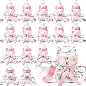 Nuenen 48 Pcs Baby Shower Bottles Baby Shower Mini Milk Bottle Baby Bottles Mini Baby Bottles for Baby Shower Plastic Bear Candy Bottles with Ribbon for Baby Shower Favor Gift(Pink)