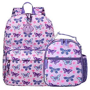 RAVUO Lightweight Butterfly School Backpack Bookbag and Lunch Bag Box Lunchbox Set for Girls