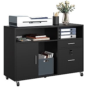YITAHOME Wood Lateral File Cabinet for Home Office, 2 Drawer Storage Cabinet, Fits A4, Letter Size Files, Printer Stand with Shelves and Door, Black