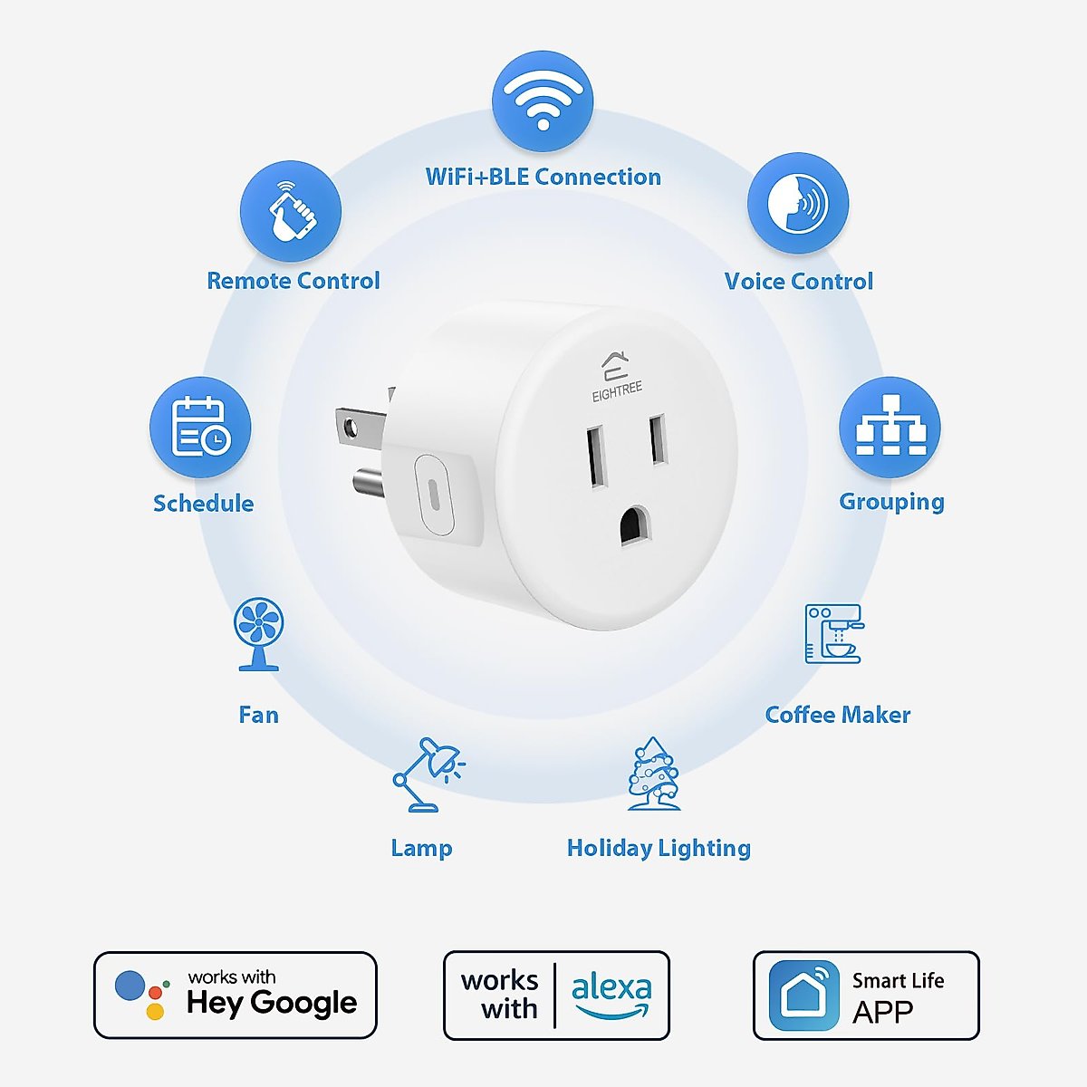 EIGHTREE Smart Plug, Smart Home WiFi Outlet Compatible with Alexa & Google Home, Smart Socket with Remote Control & Timer Function, 2.4GHz WiFi Only