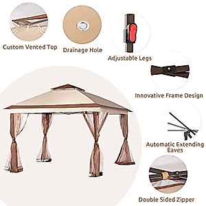 UDPATIO Pop Up Gazebo 11'x11' Patio Gazebo Tent Instant, Outdoor Gazebo with Mosquito Netting, Metal Frame Outdoor Canopies for Shade and Rain for Lawn, Garden, Backyard and Deck, Beige